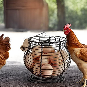 Metal Wire Egg Baskets for Collect Fresh Egg Baskets Countertop Holder, LINCOUNTRY Rustic Round Small Chicken Basket Gathering Fresh Egg With Handle,Country Primitive Farmhouse Vintage Storage Kid