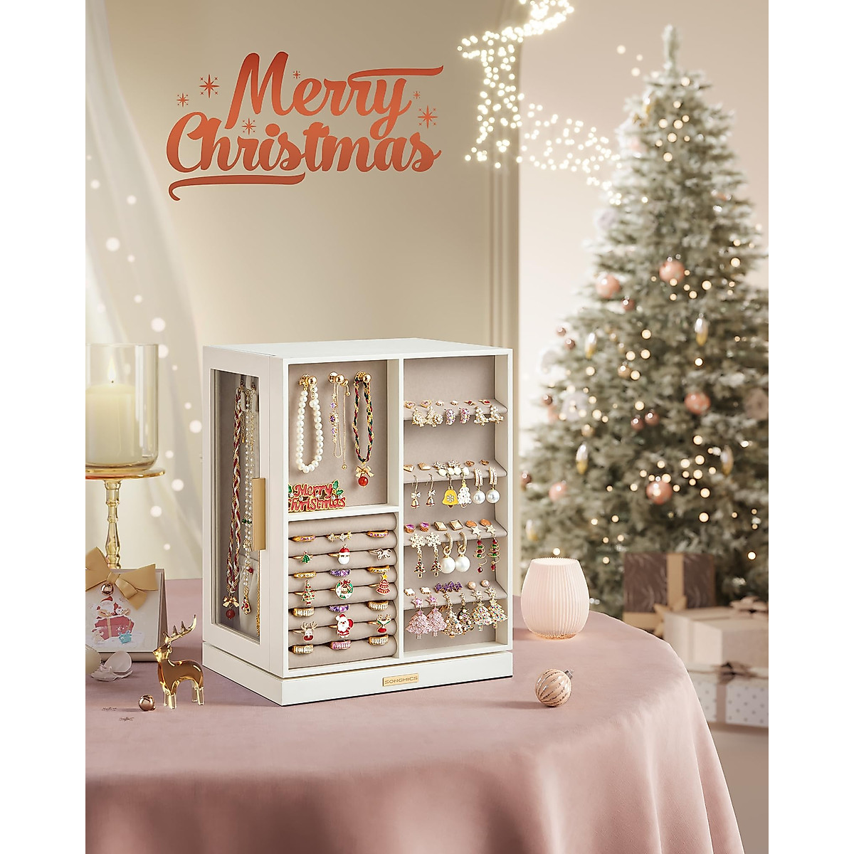 SONGMICS Jewelry Box 360° Rotating, Jewelry Storage Case with 5 Drawers, Jewelry Organizer, Glass Window, Spacious, Vertical Jewelry Storage, Open Design, Christmas Gift, Cloud White UJBC170W01