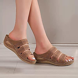 Bow Sandals for Women Ladies Fashion Retro Solid Leather Hollowed Out Carved Open Toe Thick Sole Sandals (Brown, 9)
