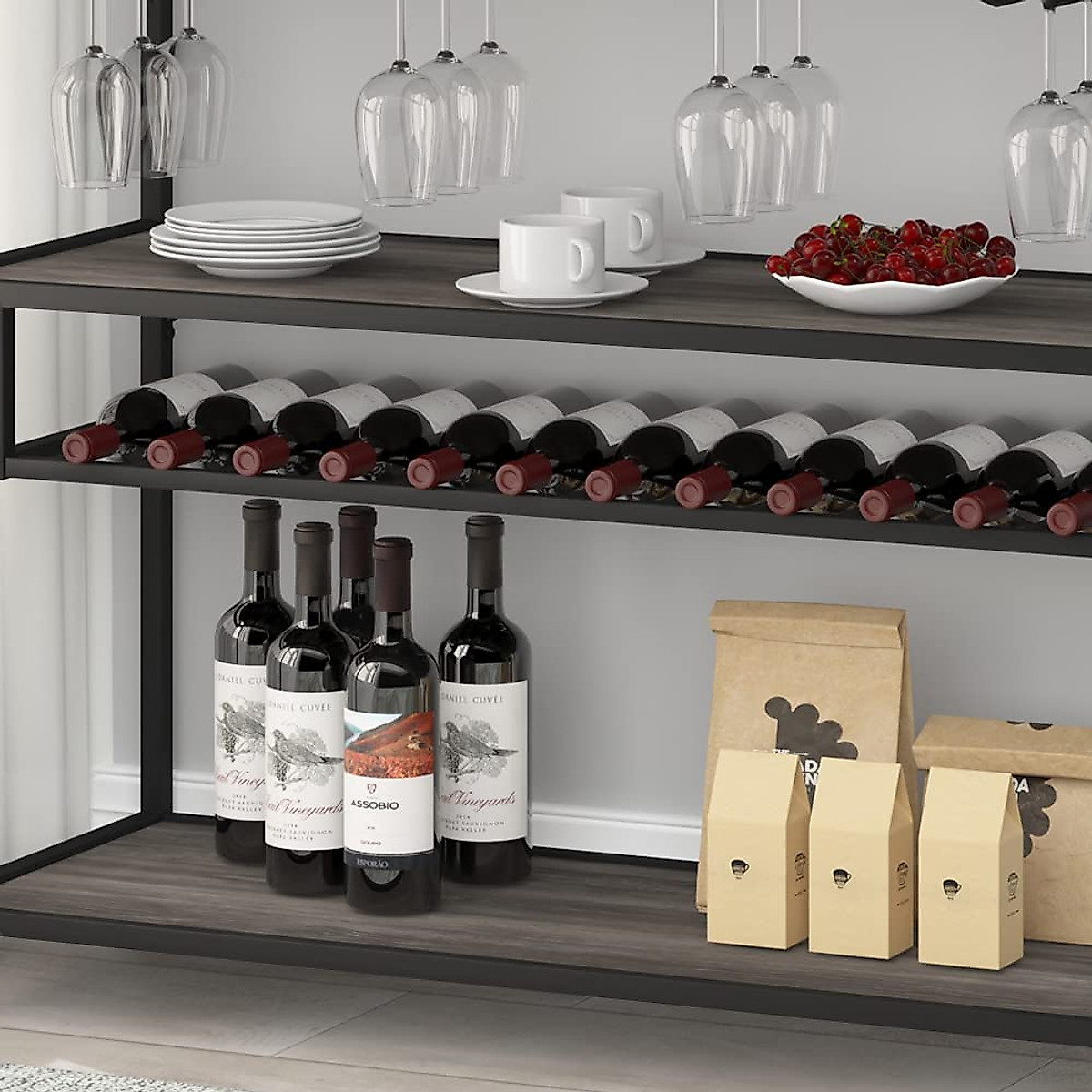 LVB Wine Rack Table, Liquor Bar Cabinet Freestanding Floor, Wooden Rustic Wine Storage with Wine Shelf and Glass Holder, Metal and Wood Modern Wine Cabinet for Home with Bottle Rack, Dark Gray Oak