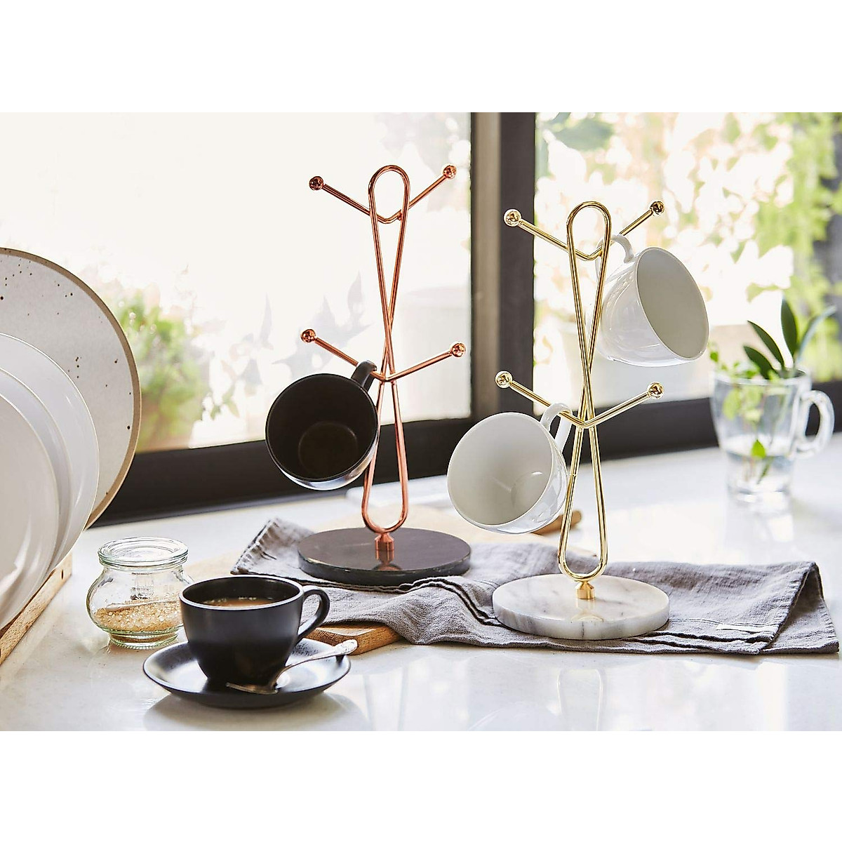 JEmarble Mug Holders with Copper Plated Standing(White) Countertop Mug Tree, Coffee Mugs & Tea Cup Storage Rack, Coffee Counter Bar Accessory & Kitchen Organizer