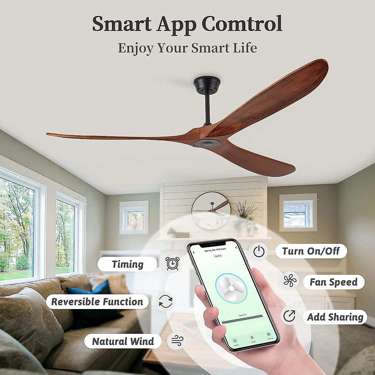 Chriari 70'' Ceiling Fan with Remote/App/Voice Control, Wood Ceiling Fan with 3 Walnut Blades and Reversible DC Motor, Supports 5 Speeds and Smart Timing, Compatible with Alexa/Google Assistant