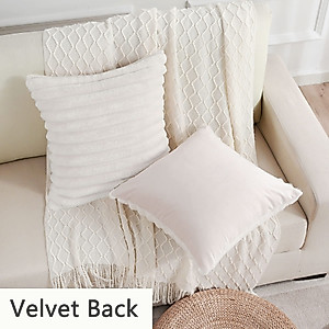 FUTEI Cream White Striped Decorative Throw Pillow Covers 18x18 Inch Set of 2,Square Spring Decorations Couch Pillow Case,Soft Cozy Faux Rabbit Fur & Velvet Back,Modern Home Decor for Bed