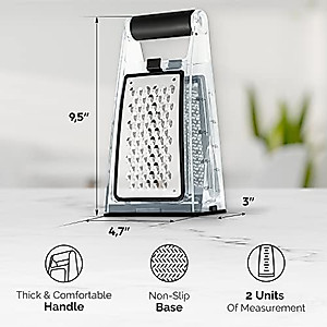 Joined Cheese Grater with Container - Box Grater Cheese Shredder Lemon Zester - Cheese Grater with Handle - Graters for Kitchen Stainless Steel Food Grater - Garlic Mincer Tool and Vegetable Peeler