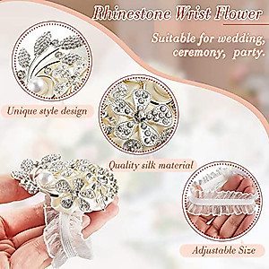 MTLEE 2 Pieces Rhinestone Wrist Corsage Wristlet Bracelet Silk Wrist Flower with Peal and Diamond for Wedding Bridesmaid Bridal Shower Prom Party(Silver Ivory)