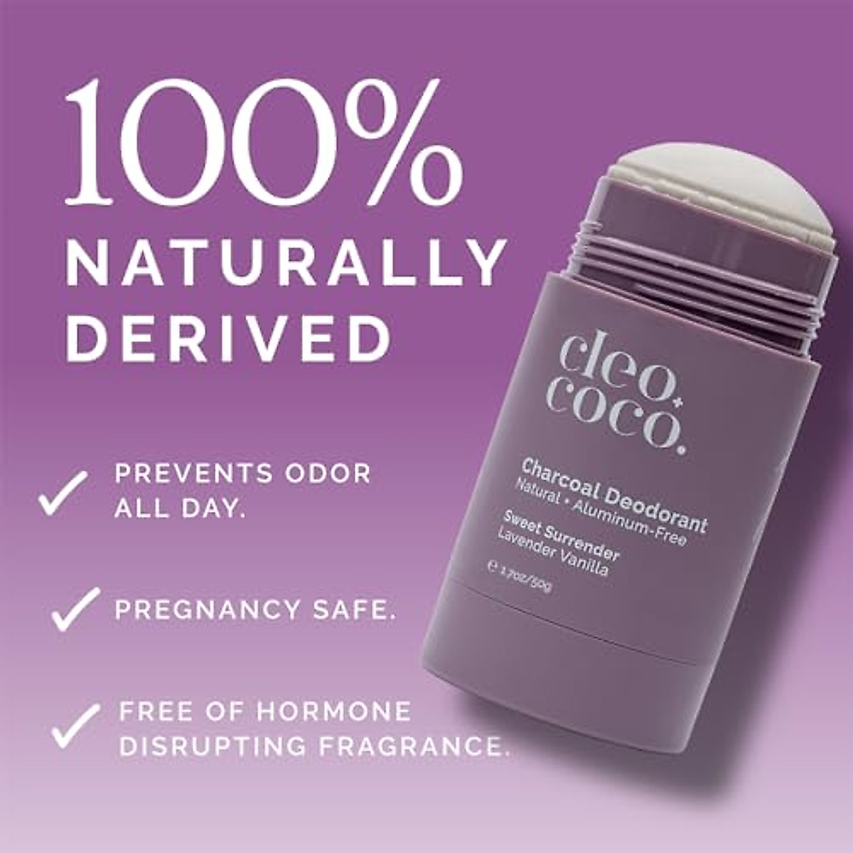 Cleo+Coco - Natural Deodorant - For Women & Men - Aluminum Free - Extra Strength - Activated Charcoal - 24hr Odor Protection - Vegan & Cruelty Free - PCR - Made in USA - Lavender Vanilla - 1.7oz
