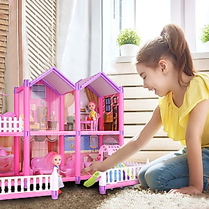 Dollhouse Toy House with Accessories and Furniture, Kids Dollhouses for Girls DIY Doll House Kits with 126 Little Pieces,Dreamhouse Gift for 3 4 5 6 Years Old Toddler Girls (5 Rooms and 1 Balcony)