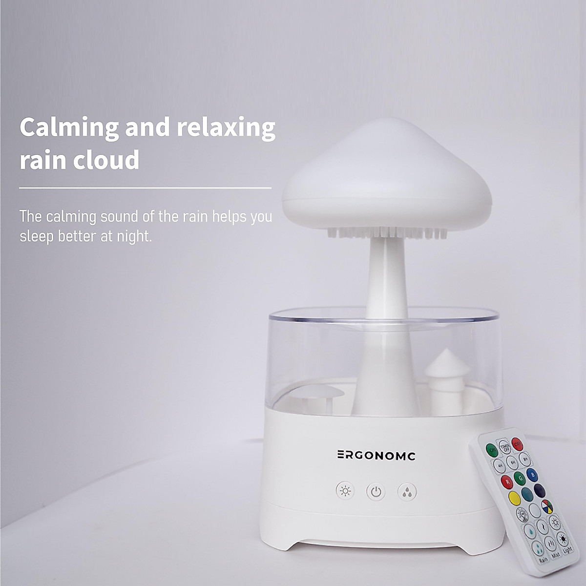 Rain Cloud Humidifier Water Drip, 2X Cool Mist Rate Ultrasonic Aromatherapy Diffuser by Ergonomc: Remote Controlled, 7 Color Night Light, 450ml, Auto Shut Off, Mushroom Humidifier, 1Yr Warranty