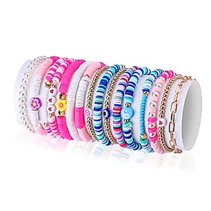 KINBOM 16pcs Preppy Bracelets, Colorful Y2K Heishi Jewelry Girls' Charm Bracelets Aesthetic Boho Beaded Stretch Bracelet Summer Beach Jewelry Stuff for Women