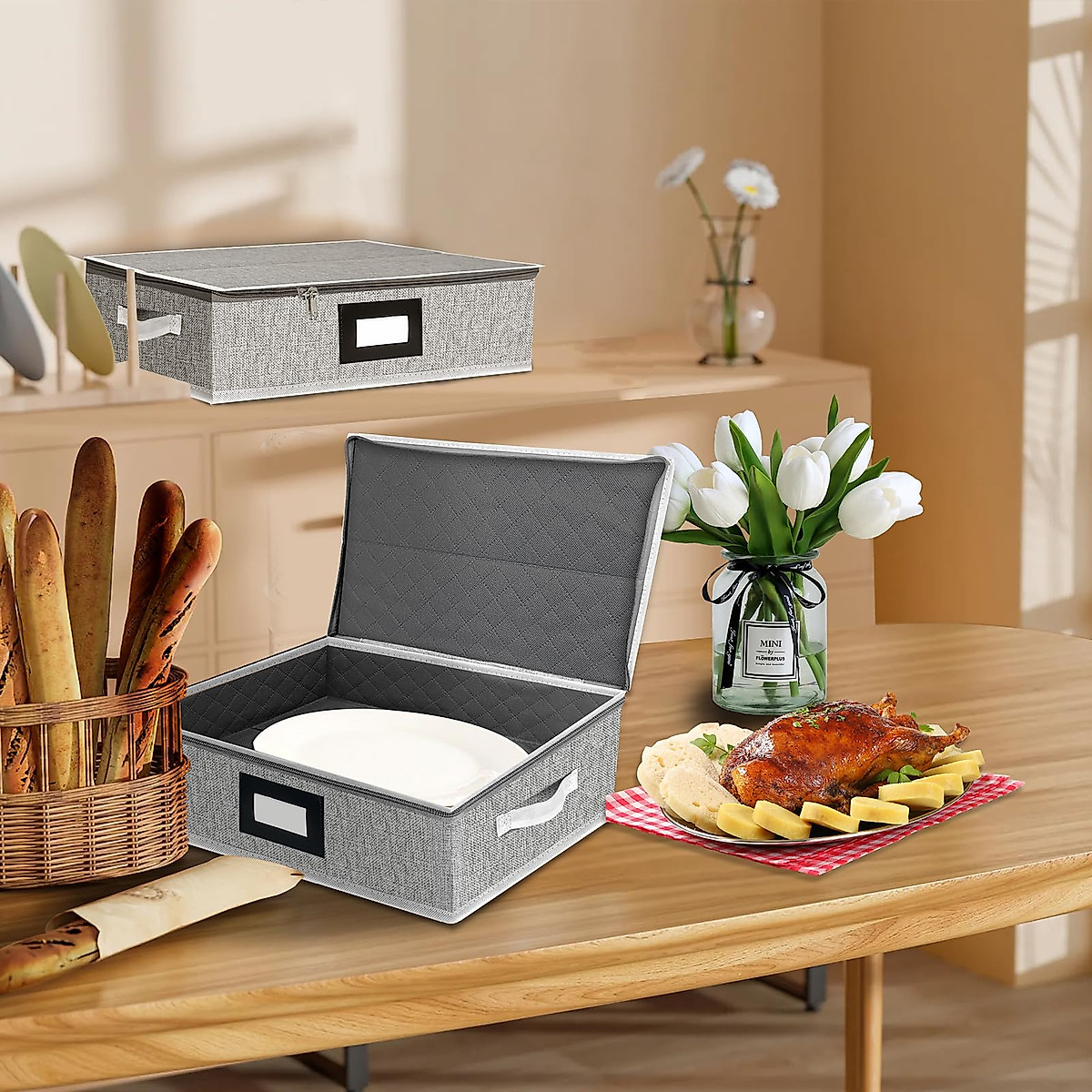 homyfort Platter Storage Case Box, China Storage Containers Hard Shell, 5 Felt Dividers Included, Structured Top and Stackable Platter Storage Containers (Grey)