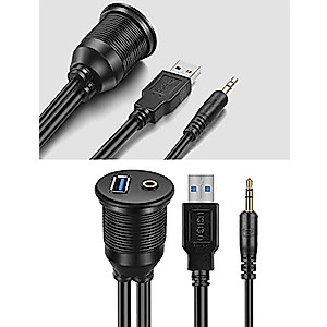 URWOOW USB Flush Mount - 3.5mm & USB 3.0 AUX Extension Mount, Dash Mount, Flush Mount, Panel Mount Cable, for Car, Boat, Motorcycle (2M 6ft)