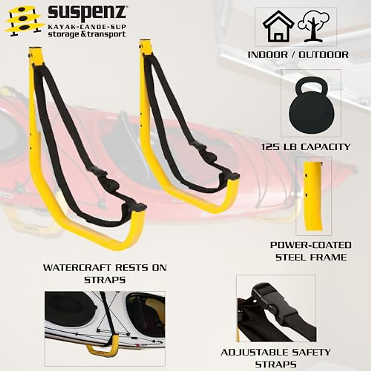 Suspenz Kayak Canoe SUP Storage Hanger for Garage Wall, Indoor Outdoor, Jay Rack Hook, Holds up to 125 lbs, Yellow, (11-0001)