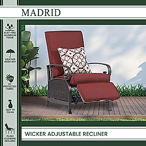 Hanover Madrid Outdoor Patio Recliner, Adjustable Chair, All-Weather Hand-Woven Wicker, Aluminum Frames, Thick Cushions-MADRIDREC-NVY, 1 Piece, Red