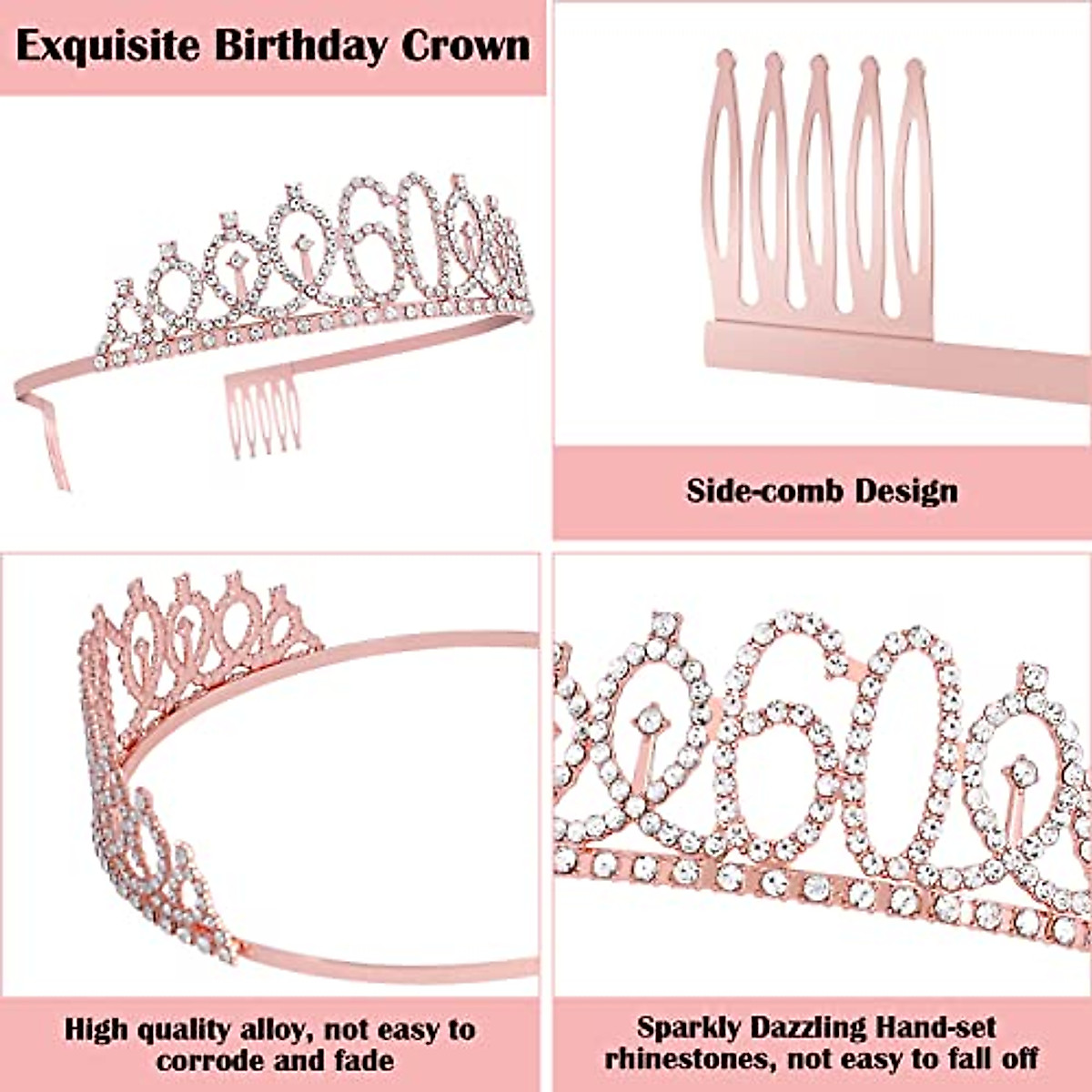 Konasala 60th Birthday Gifts for Women, Including 60th Birthday Sash, Tiara/Crown, Cake Topper, Pearl Pin and Birthday Balloons Set, 60th Birthday Decor Rose Gold