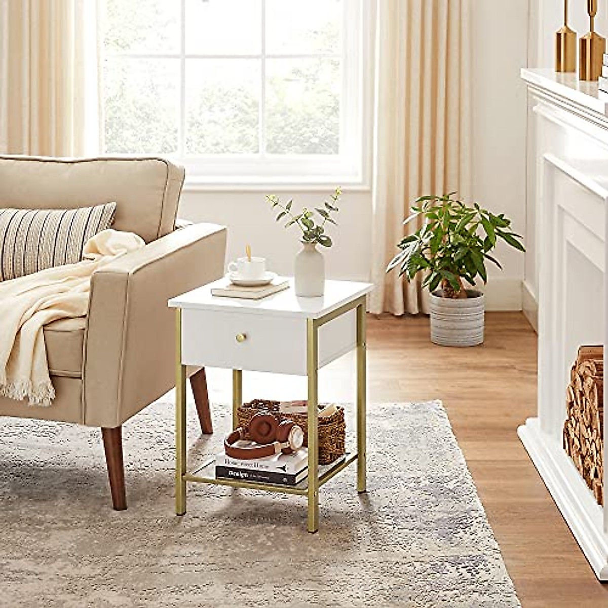 VASAGLE White Nightstand with Drawer, Bedside Table, End Table with Open Shelf, Modern Style for Bedroom, White and Gold ULET512A10