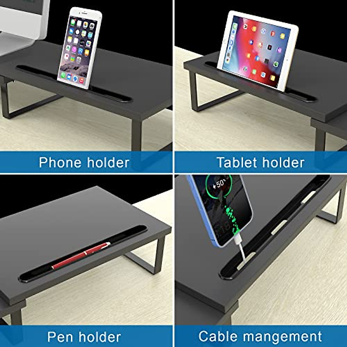 AQQEF Dual Monitor Stand Riser, Adjustable Length and Angle, Computer Monitor Desk Shelf with USB3.0 and Slot for Tablet and Cellphone, Wooden Desktop Oraganizer Stand for 2 Monitors