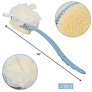 2 Pack Back Scrubber for Shower, EAONE Bath Body Brush with Bristles and Loofah, Loofah On a Stick Back Washer Mesh Sponge Long Handle Exfoliating Body Brush for Men and Women (Blue&White)