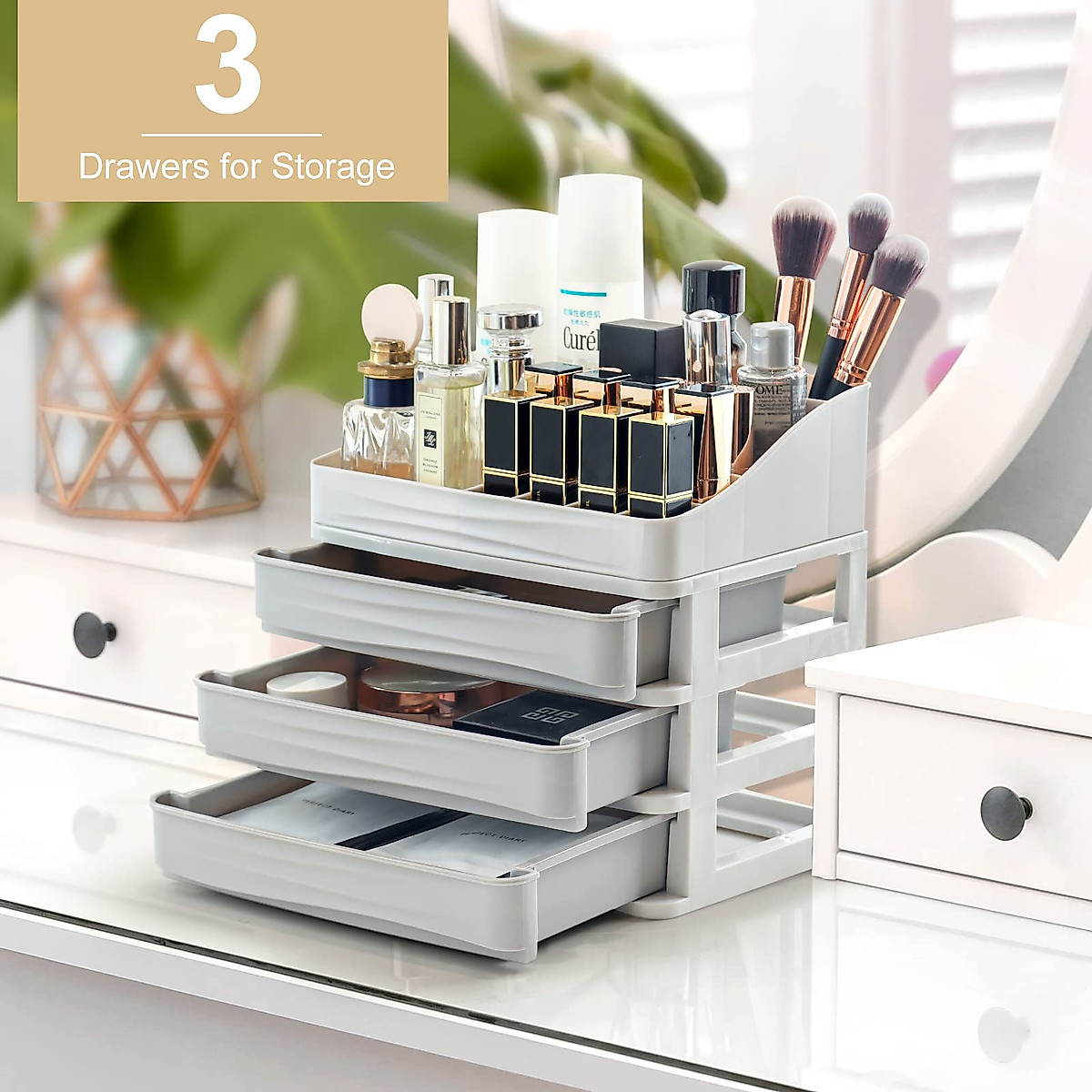JULY'S SONG Makeup Organizer with Drawers Tray for Cosmetic Storage, Bathroom Countertop Make up Organizers Display Box for Brushes Lipstick Nail