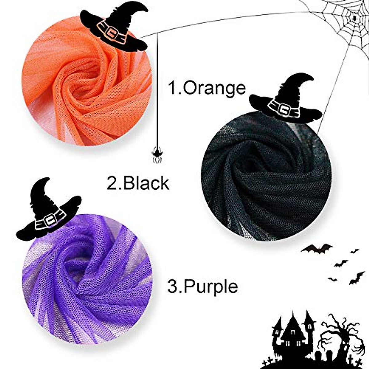 Ginfonr Halloween Tulle Rolls with Orange Black Purple Fabric Bolt Spool for Wedding Tutu Table Skirt DIY Crafting Favors Pew Bow Banquet Party Decor (6 Inches x 25 Yards, 3 Roll)