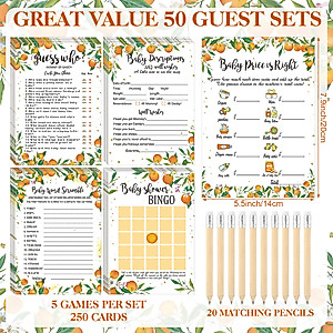 Patelai 321 Pcs Baby Shower Games Supplies, 5 Sets (50 Cards Each) Activities Cards with 20 Pencils 1 Don't Say Baby Sign 50 Clothespin(Litttle Cutie)