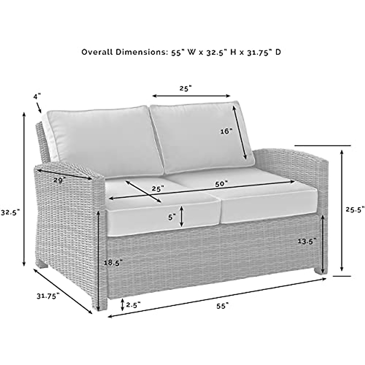 Crosley Furniture Bradenton Wicker Outdoor Loveseat, 2-Person Patio Couch for Porch, Deck, Backyard, Brown with Gray Cushions