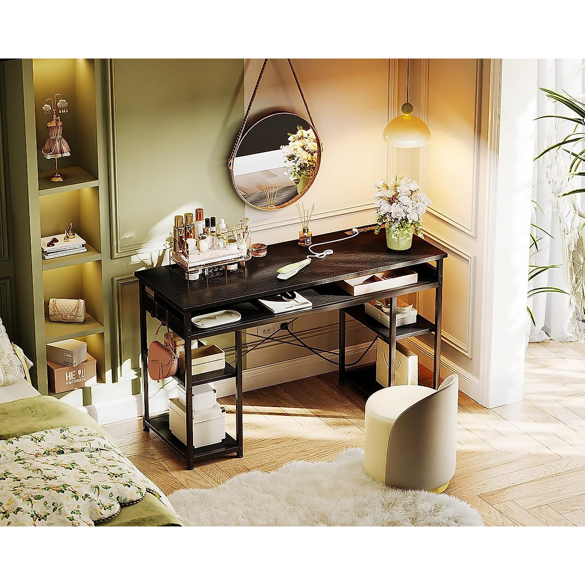 AODK 48 Inch Small Computer Desk with Power Outlets & Type-C, Writing Desk with Storage Shelves Headphone Hook, Student Laptop PC Desks for Small Spaces Home Office, Kids Desk, Black