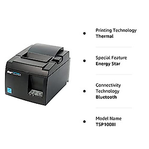 Star Micronics TSP143IIIBi (TSP100III Bluetooth) Thermal Receipt Printer, Charcoal Grey - Auto-Cutter, iOS, Android, and Windows, Internal Power Supply - YKGAV