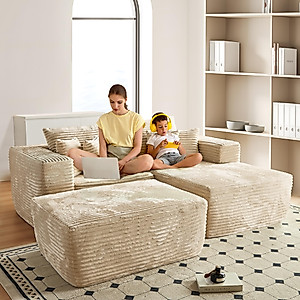 ovios 80" Oversized Sectional Lounge Chaise with Removable Ottoman,No Assembly Required,Cloud Plush Loveseat with Reclining Sofa Bed,Fluffy Modern Sleeper Chair for Indoor Living Room Bedroom, Beige