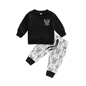 KOSUSANILL 2PCS Baby Boy Outfit Western Baby Boy Clothes Cow Print Sweatshirt Top Solid Color Drawstring Pants Fall Winter Outfits (Black, 6-12 Months)