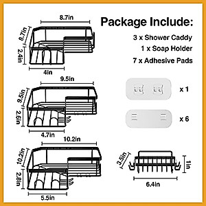 SIXDOVE 3-PACK Corner Shower Caddy- Corner Shower Shelf with 1 Soap Holder, Adhesive Shower Organizer with 18 Hooks, No Drilling Rustproof Stainless Steel Shower Rack Shelves for Bathroom & Kitchen