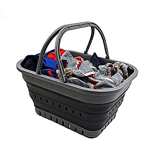 SAMMART 19L (5 Gallon) Collapsible Tub with Handle - Portable Outdoor Picnic Basket/Crater - Foldable Shopping Bag - Space Saving Storage Container (Black) (1, Grey/Black)