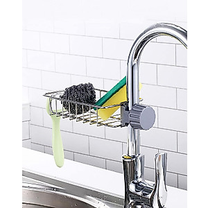 Kitchen Sink Caddy Organizer Over Faucet Sponge Holder, Stainless Steel Heavy Duty Thickening Hanging Faucet Drain Rack for Scrubbers, Soap, Bathroom, Detachable No Suction Cup or Magnet (Faucet Rack)