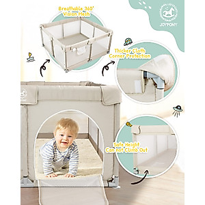 Joypony Baby Playpen, (50x50x27inch) Large Playpen for Babies and Toddlers, Sturdy Safety Play Yard for Infant, Indoor & Outdoor Play Pen with Gate, Baby Fence with Soft Breathable Mesh, Hand Rings
