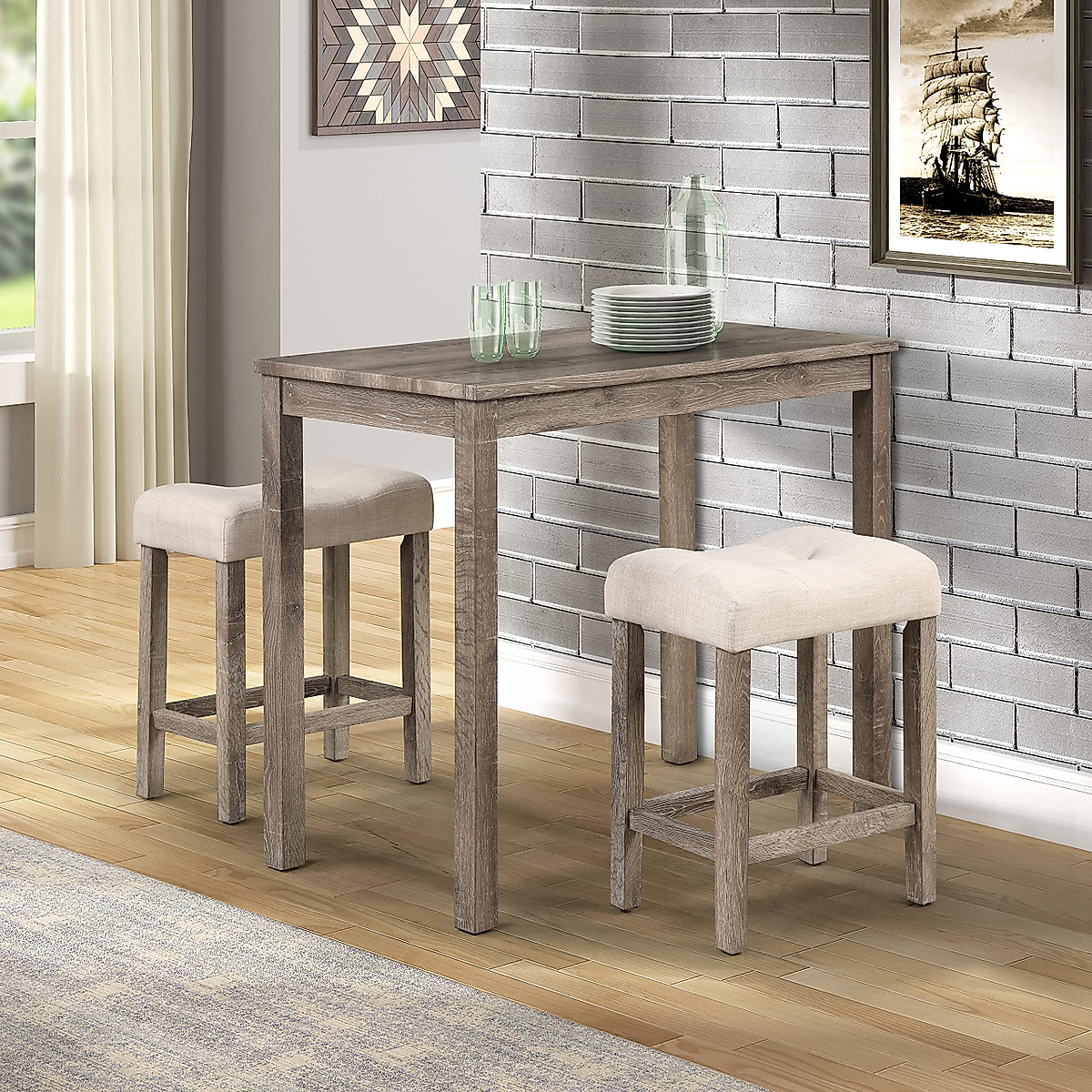 Roundhill Furniture Sora Wood 3-Piece Counter Height Dining Set, Taupe