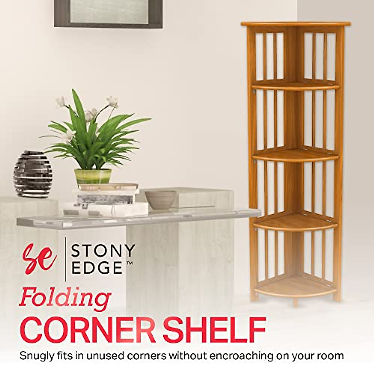 Stony Edge Folding Corner Shelf Easy Assembly - 51”x12.5”x12.5” 5 Tiers - Perfect Wooden Corner Bookshelf Organizer for Books and Decorative Items. (Honey Oak)