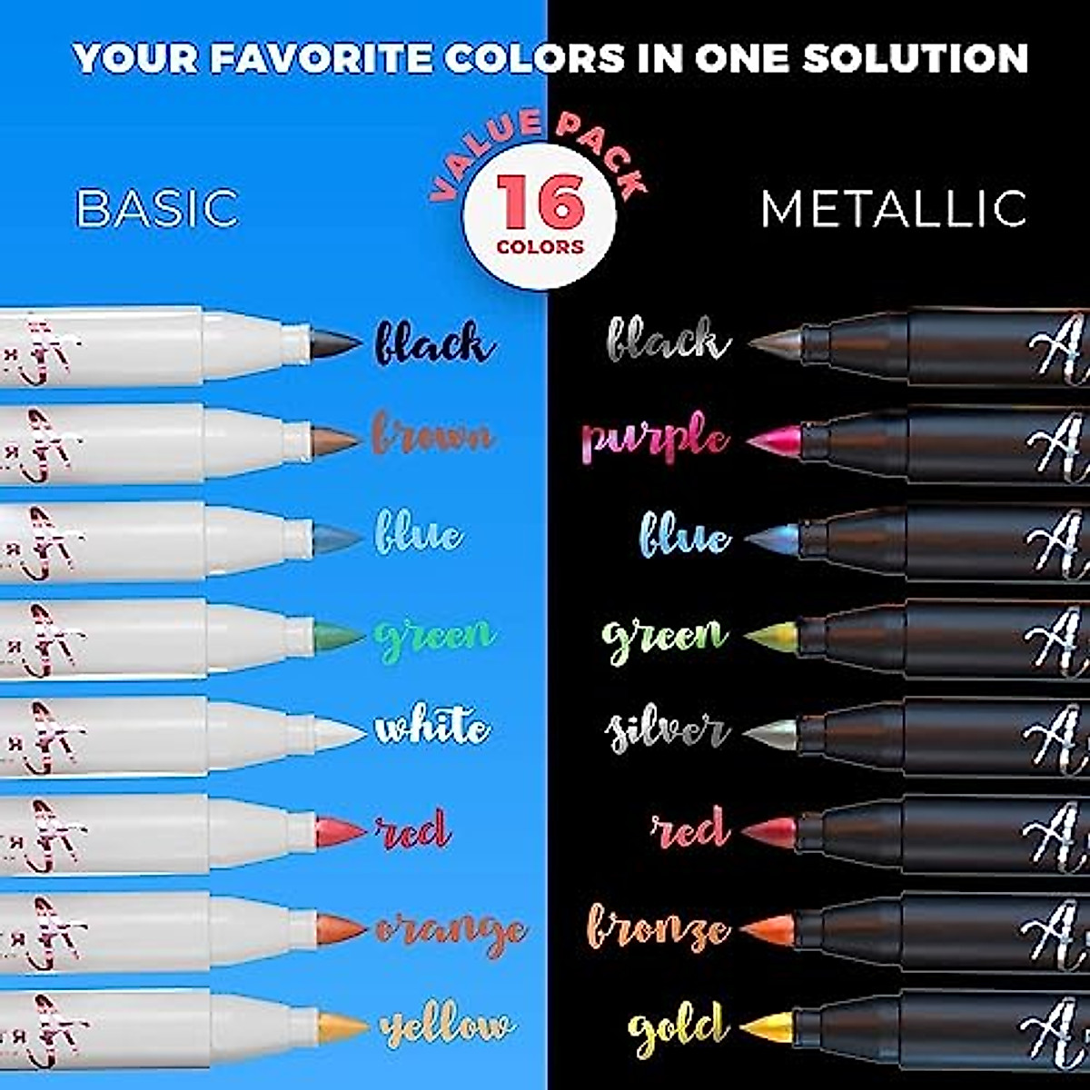 Acrylic Paint Pens Brush Tip, 8 Metallic & 8 Basic Colors Acrylic Paint Markers. Set for Rock Painting, Calligraphy, Scrapbooking, Brush Lettering, Card Making, Sketching, Black Paper, DIY Photo Album