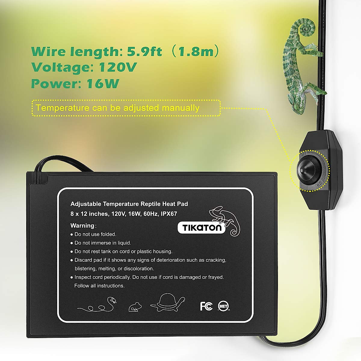 Tikaton Reptile Heat Pad - Adjustable temperature Under Tank Heater for 10-20gal/30-40gal Tank, Terrarium Heat Mat for Turtle/Snake/Lizard/Frog/Spider/Plant Box