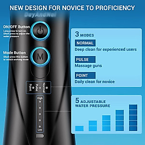 Professional Cordless Water Dental Flosser - DayAndNai Portable Waterproof Teeth Cleaner Picks USB Rechargeable Oral Irrigator for Home Travel Braces with 5 Flossing Tips 3 Modes,Black