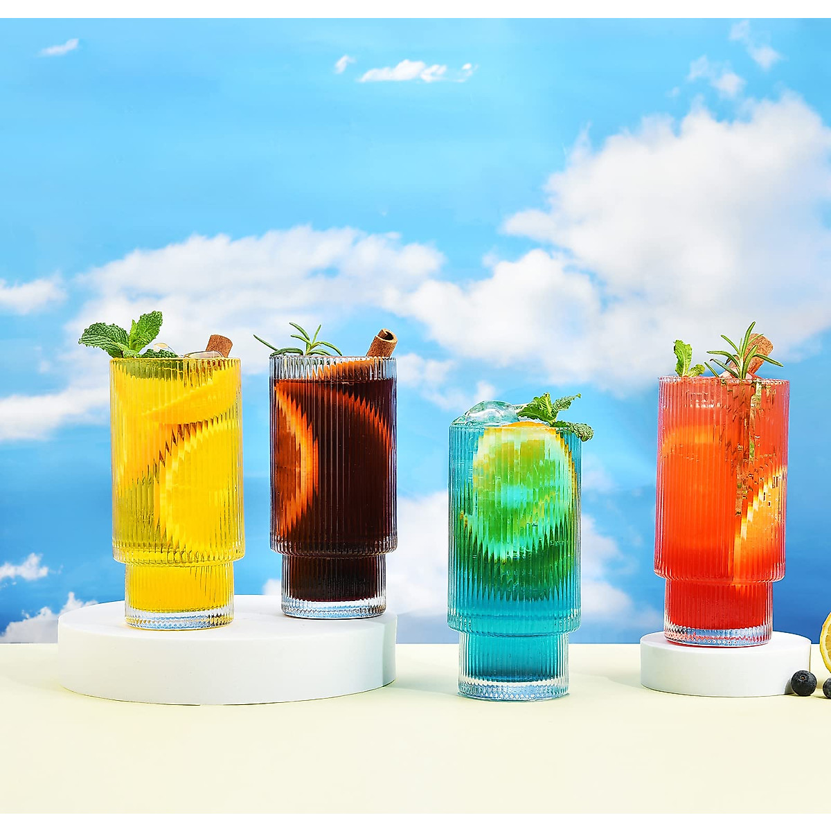 ALINK Ribbed Glassware Drinking Glasses with Straws Set of 8, Vintage Fluted Glassware Iced Coffee Cups, Ridged Glass Tumbler for Coocktail, Whiskey, Beer, Water- 2 Brush