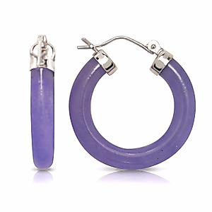 925 Sterling Silver Tube Lavender Jade Hoop Earrings (4mm x 26mm) (Purple)
