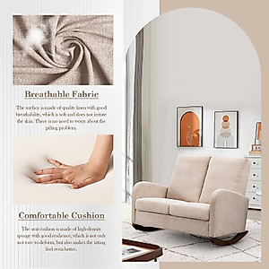 Antetek Modern Double Rocking Chair, Oversized Glider Rocker for Nursery and Kids, Loveseat Accent Armchair with High Backrest and Wide Pocket, Upholstered Lounge Chair for Living Room, Beige