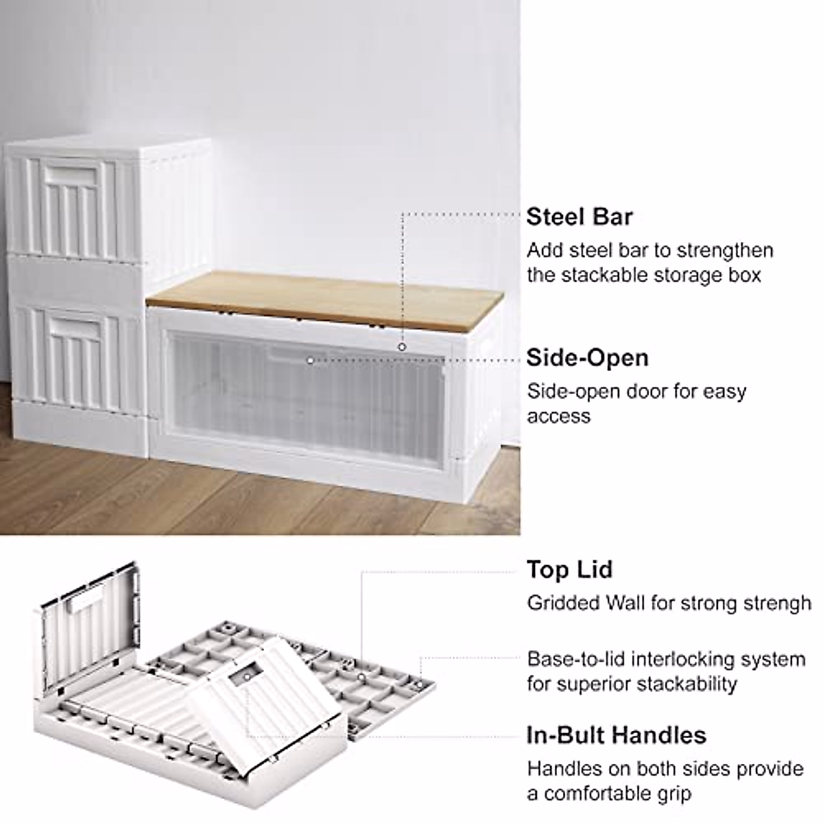 livinbox 45L collapsible storage bins with door, comic books container, dust-proof stack-able folding box for Home Office Bedroom Dorm Toys Bedding, white & transparent, FB-6432S-WTTR