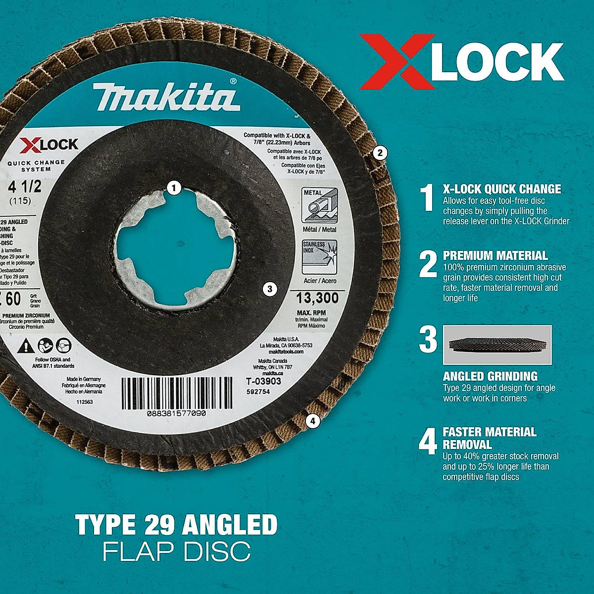 Makita T-03894 X-LOCK 4‑1/2" 40 Grit Type 29 Angled Grinding and Polishing Flap Disc for X-LOCK and All 7/8" Arbor Grinders
