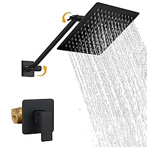 Hoimpro Adjustable Extension Shower Arm Shower System with 8 Inch Rain Shower Head Wall Mounted Shower Kit, Bathroom Rainfall Shower Faucet Fixture Combo Set with Rough-in Valve Body, Matte Black