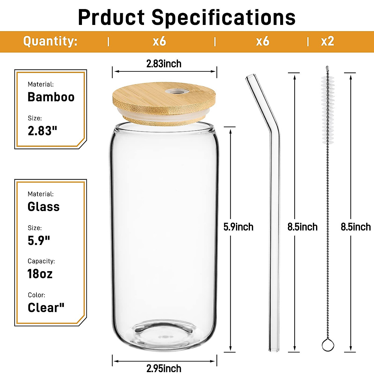 Dyserbuy Glass Cups with Bamboo Lids and Glass Straw 4pcs Set, 16oz Drinking Glasses, Beer Iced Coffee Glasses, Tumbler Cup, Ideal for Smoothie, Boba Tea, Whiskey, Water