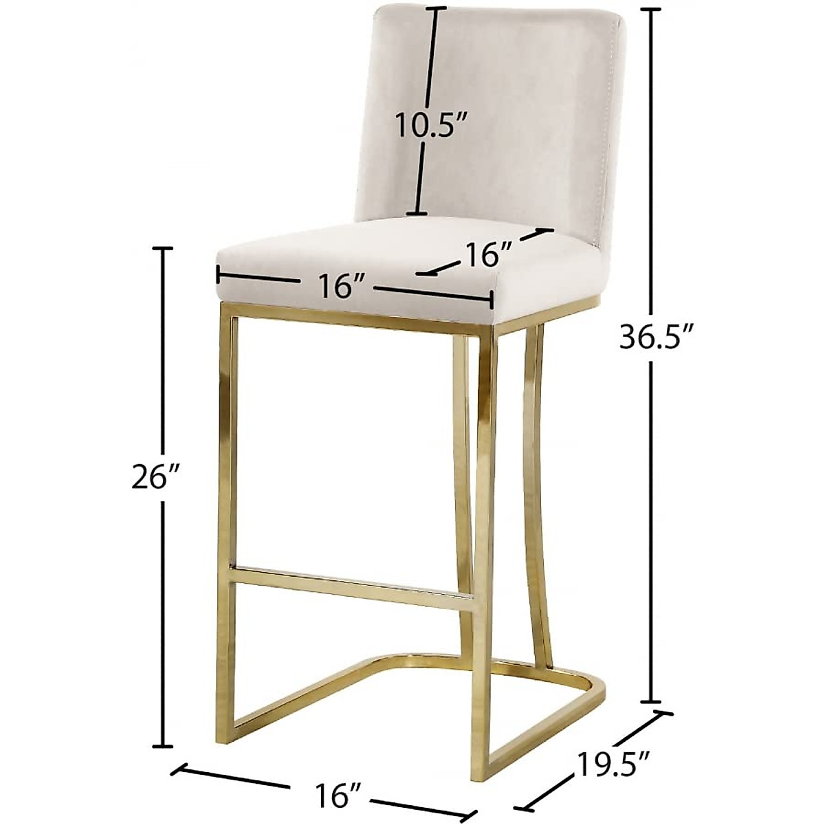 Meridian Furniture Heidi Collection Modern | Contemporary Velvet Upholstered Counter Stool with Polished Gold Metal Frame, Cream, 16" W x 19.5" D x 36.5" H