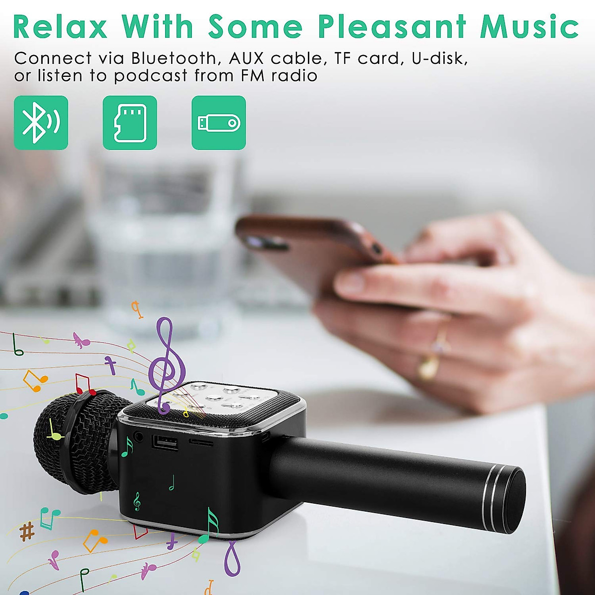 KIDWILL Wireless Bluetooth Karaoke Microphone for Kids, 5-in-1 Portable Handheld Karaoke Mic Speaker Player Recorder with LED Lights for Kids Girls Boys Teens Birthday (1818-Black)