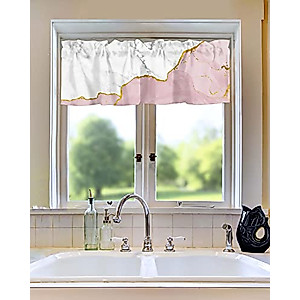 ZFUNCING Kitchen Cafe Valance Curtain for Small Windows,Natural White and Pink Wild Marble Rod Pocket Short Blackout Curtains,Gold Line Stone Texture Window Treatment for Living Room Bedroom Bathroom
