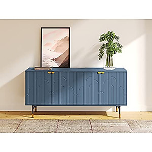 DG Casa Hemsby Mid Century Modern 4 Art Deco Doors Storage Compartment Gold Metal Handle Pull & Feet Buffet Cabinet Table Furniture for Living Room Kitchen Dining Entryway Hallway - Sideboard in Blue