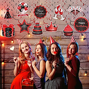 Funrous 30 Pieces Happy Birthday Hanging Swirl Decorations Birthday Party Ceiling Streamers Party Foil Swirls for Kids Women Men Birthday Party Decor Supplies (Red and Black)